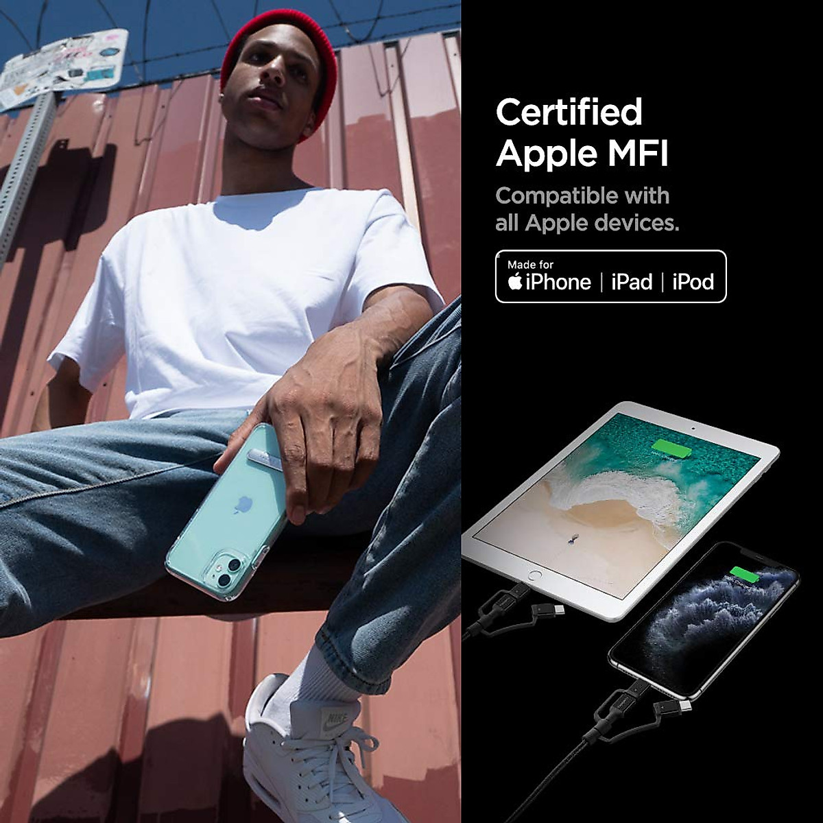 Spigen DuraSync 3 in 1 Universal Charger Cable, Micro USB/Lightning/USB C adapters [MFi Certified], 4.9ft Premium Braided Multi Charging Cable for iPhone 12/Pro/Max/Mini/SE/iPad/Galaxy/Pixel & More