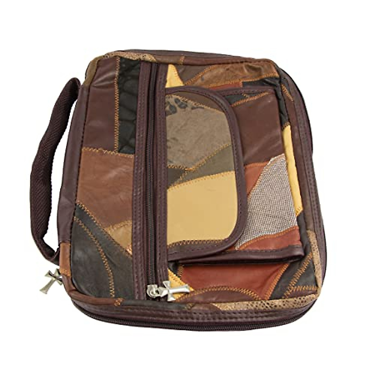 Zip Around Brown Leather Patchwork Bible Cover Carry Case with Handle