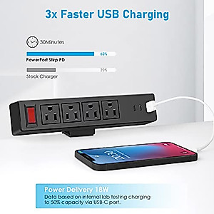 VILONG Black Desktop Edge Power Strip,Removable Clamp Power Outlet Socket 4AC Outlets,1 QC3.0 18W USB-A Ports,2 20W PD Fast Charging USB-C Port,6.5 ft Extension Cord with Switch