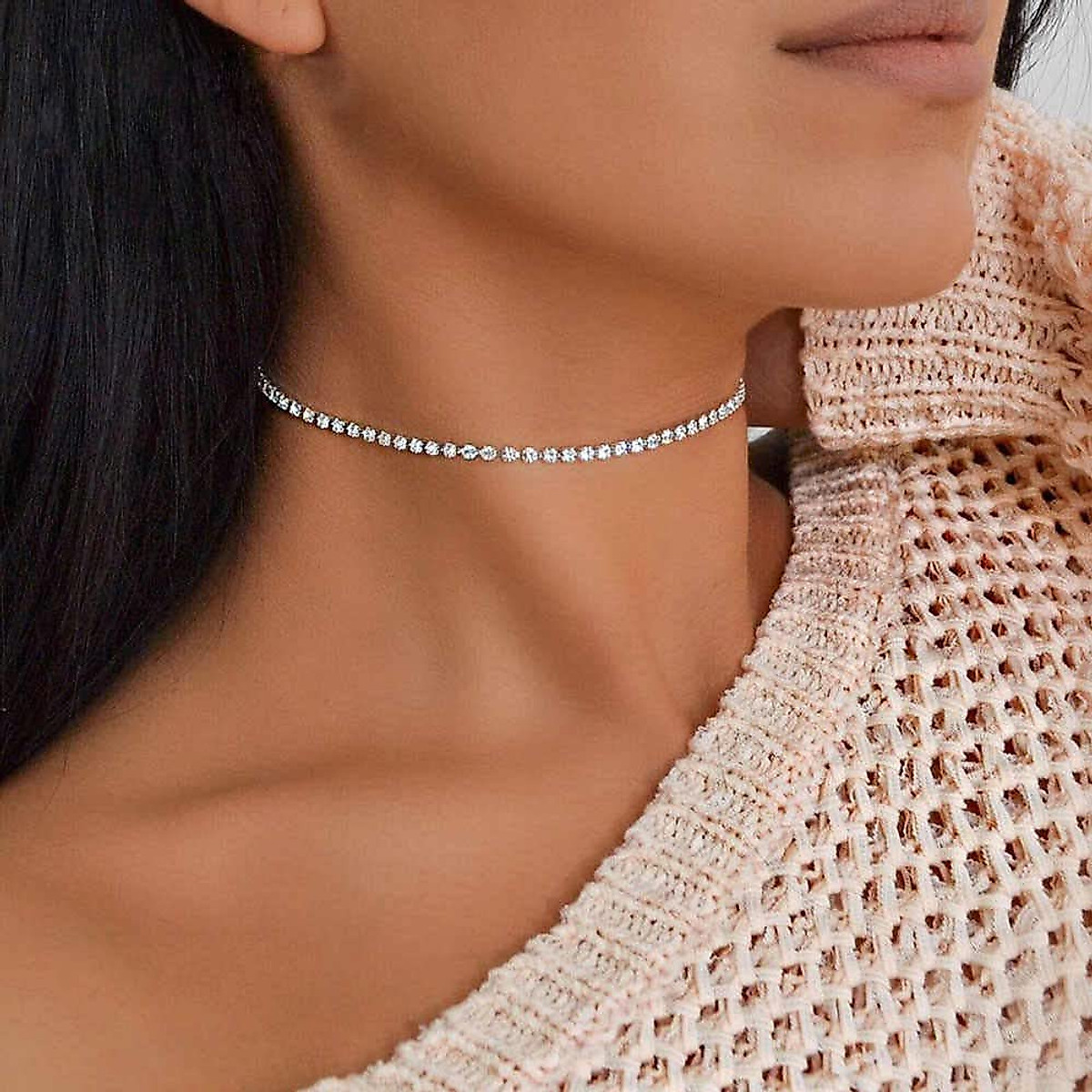 EFTOM 1 Row Silver Rhinestone Choker Necklace Diamond Necklaces for Women