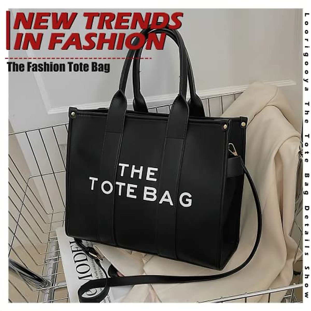 LooriGooya The Tote Bags for Women, Black Leather Tote Bag with Zipper Sturdy Cute Handbag, Tote Purse Crossbody Hand Bag for Work, School and Travel