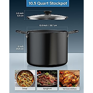 Cook N Home Nonstick Stockpot with Lid 10.5-Qt, Deep Cooking Pot Cookware Canning Stock Pot with Glass Lid, Black