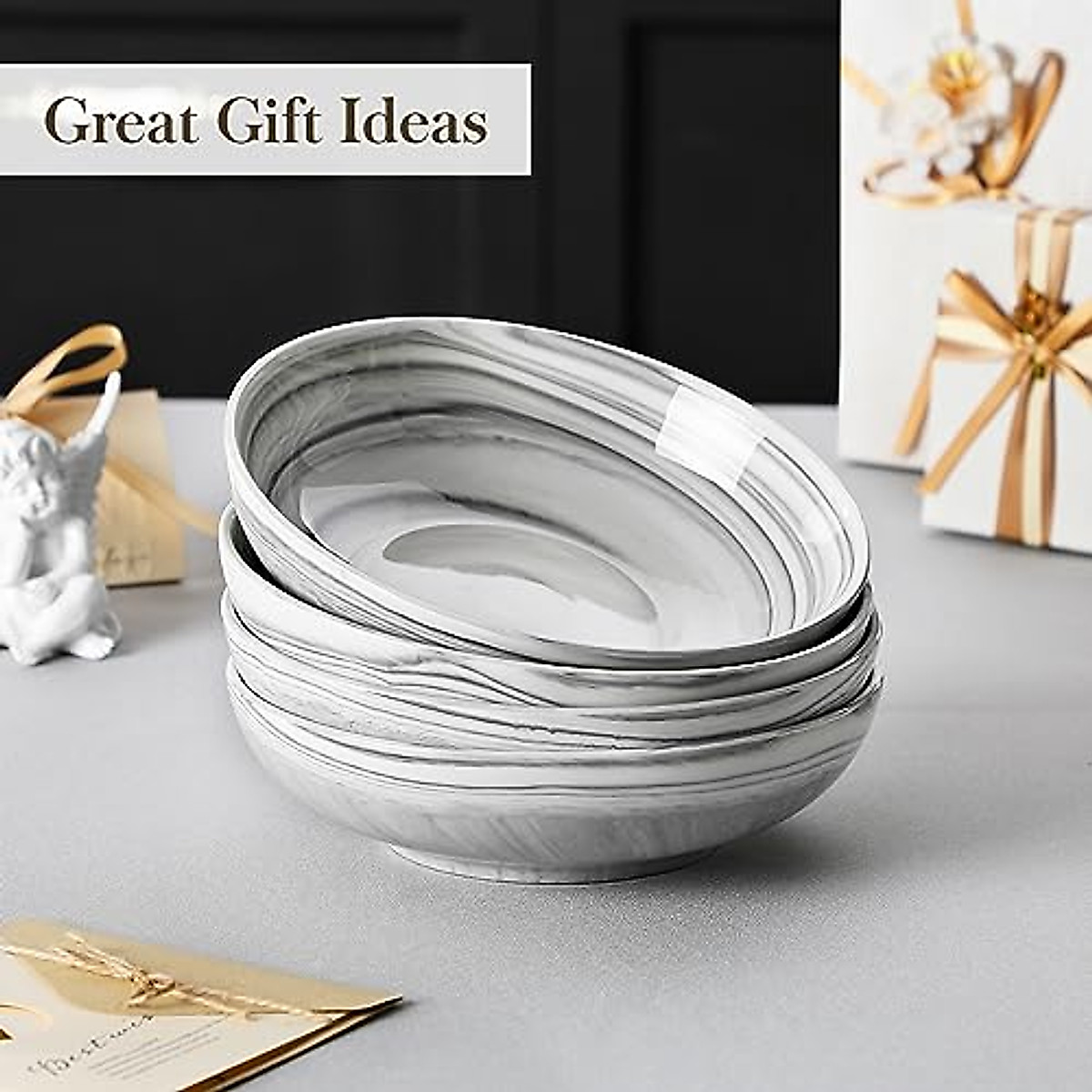 MALACASA Pasta Bowls, 40 OZ Large Salad Serving Bowls Set of 4, Porcelain Pasta Bowls Salad Bowls for Kitchen, Marble Grey Soup Plates Shallow Bowls Set, Microwave & Dishwasher Safe, Series REGULAR