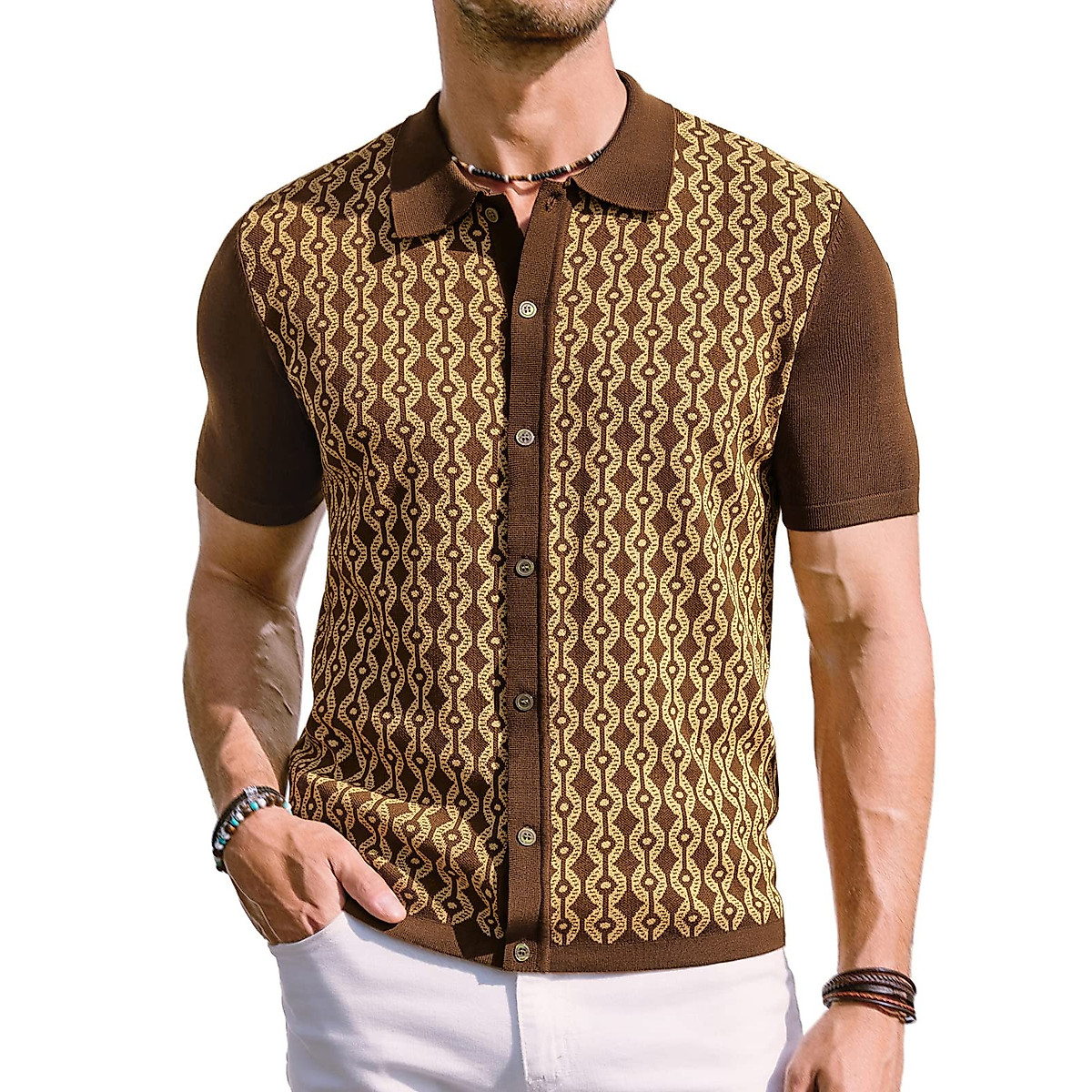 Men's 70s Short Sleeve Knitwear Vintage Stripe Lightweight Polo Shirts Brown XXL