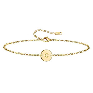 Initial Charm Bracelets, 18K Gold Plated Stainless Steel Dainty Small Round Coin Disc Initial Bracelet Engraved Letters C Personalized Name Bracelet for Women