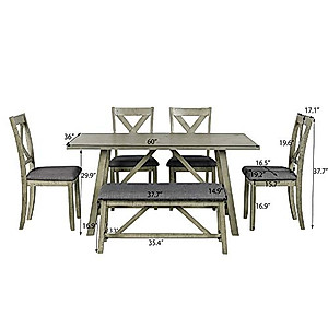 Merax 6-Piece Rustic Style Rectangular Wooden Dining Table Set with Padded Bench and 4 Chairs, Gray