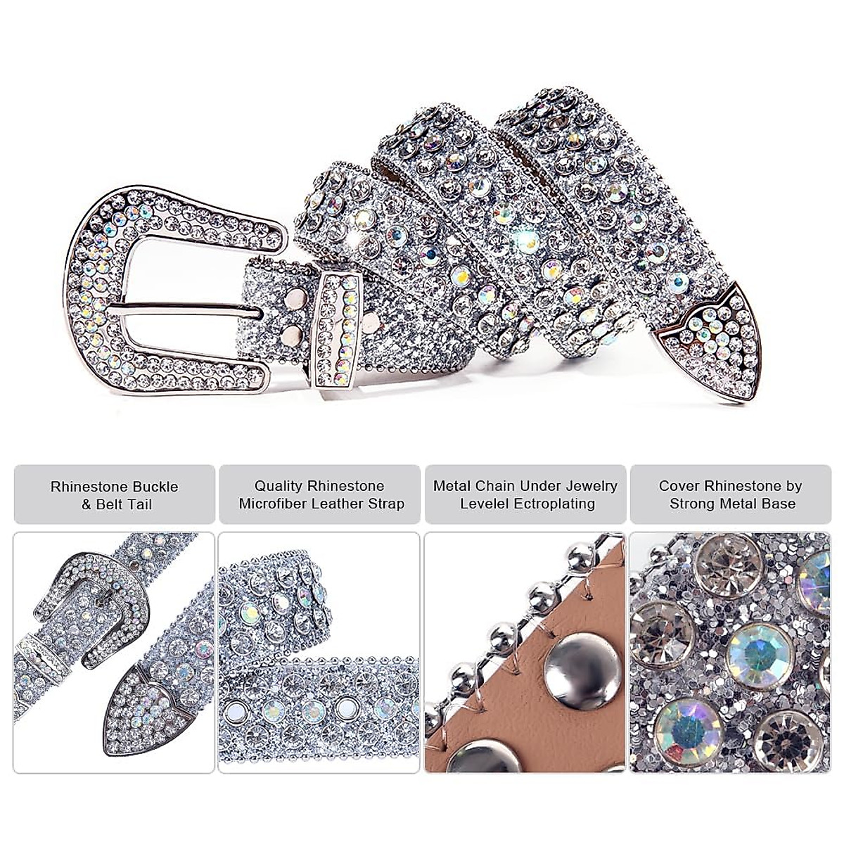 MINGSUN Rhinestone Belt for Men Women, Silver Western Bling Belt Shining Diamond Belt Cowgirl Cowboy Punk Y2K Studded Belt for Jeans Dresses Pants
