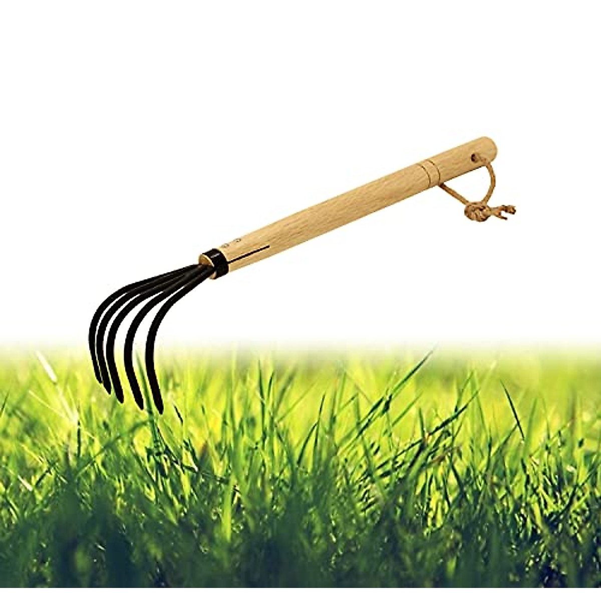 XFJTECH 15'' Garden Rake Cultivator 5 Tines Claw Soil Tiller Military Grade Steel Japanese Ninja Claw with Ergonomic Wooden Handle for Perfect Pulverized and Aerated Soil and Combing Leaves Weeding