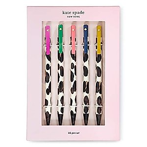 Kate Spade New York Black Ink Pen Set of 5, Cute Leopard Click Pens, Plastic Retractable Pens for Writing and Journaling, Forest Feline