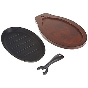 Winco ISP-3 Cast Iron Steak Platter with Wood Underline and Gripper,Black,Medium