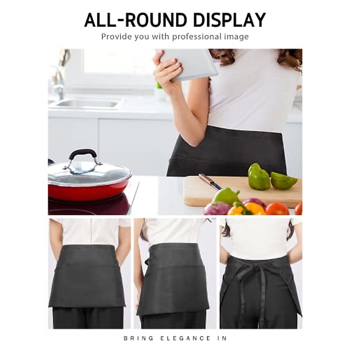 Syntus 3 Pack Server Aprons with 3 Pockets, Waterdrop Resistant Waitress Waiter Waist Apron, 11.5-inch Black