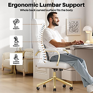 Genpo White and Gold Office Chair, High Back Office Chair for Women, Modern Desk Chair Comfy with Arms, Leather Executive Office Chair with Wheels