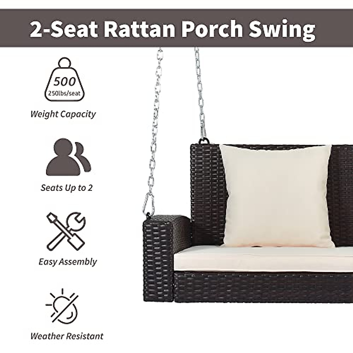 FANYE Outdoor PE Wicker Swing Chains, Pillows for Garden, Backyard, Pond Porch Furniture Set, 2 Seaters Double Rattan Cushioned Conversation Hanging Sofa & Couch, Brown+Beige