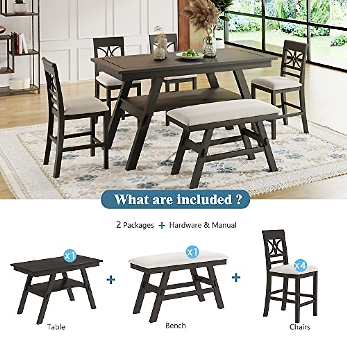 Farmhouse Counter Height 6-Piece Dining Set, Heavy Solid Wood Kitchen Dining Room Table Set, 60 in Triangular Design Bar Table with Storage Shelf, Bench and 4 Chairs with Soft Cushion (Espresso)