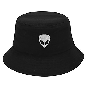 Alien Embroidered Bucket Hat Packable Fisherman Cap Unisex Outdoor Hat Trendy Sun Hats, Black
