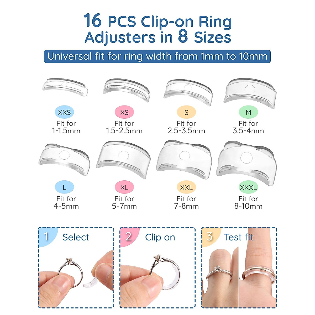 Ring Sizer Adjuster for Loose Rings, 187 Piece Ring Size Adjuster Set, w/16 Plug-in Invisible Ring Adjuster, 12 Spiral Silicone Tightener Set,Fit Any Rings,156 EVA Stickers w/Ring Size Measuring Tool