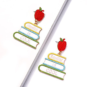 Boderier Teacher Earrings Beaded Apple Book Drop Dangle Earrings Teacher Appreciation Gifts Reading is Cool Earring Back To School Jewelry