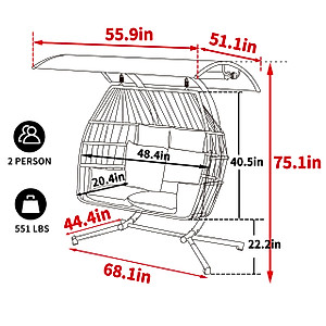 MUPATER 2 Person Hanging Egg Chair, Outdoor Swing Chair, Double Egg Chair with Metal Stand and Cushion, Porch Swing for Patio Indoor Outdoor Balcony Bedroom