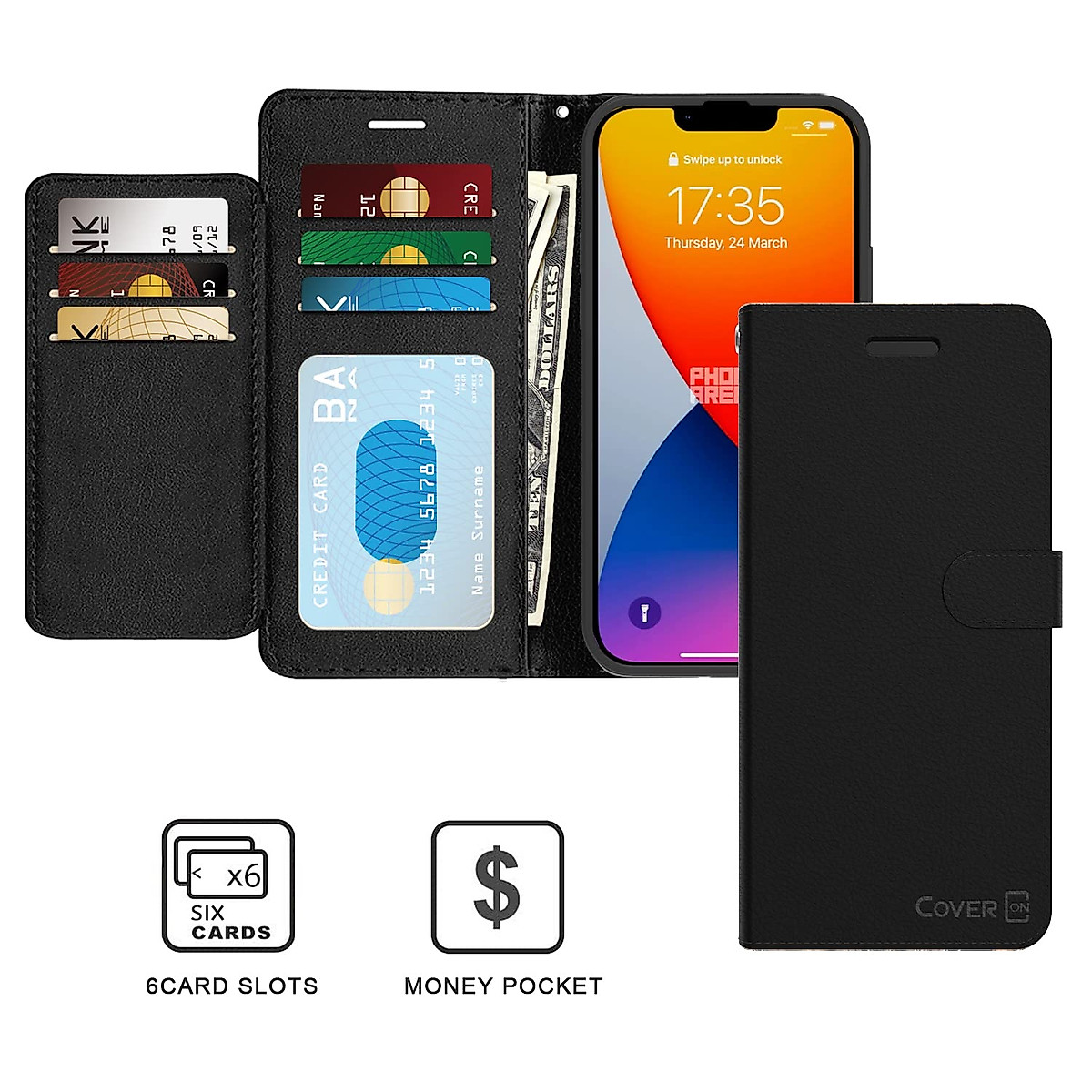 CoverON Pouch for iPhone 14 Plus Wallet Case, RFID Blocking Flip Folio Stand Vegan Leather Phone Cover Carrying Sleeve 6 Credit Card Holder Clutch Fit Apple iPhone 14 Plus Case - Black