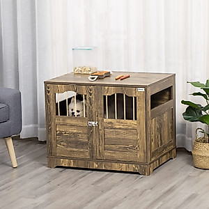 PawHut Wooden Dog Crate, End Table Furniture with Lockable Door, Small & Medium Size Pet Crate Indoor Puppy Cage, Brown