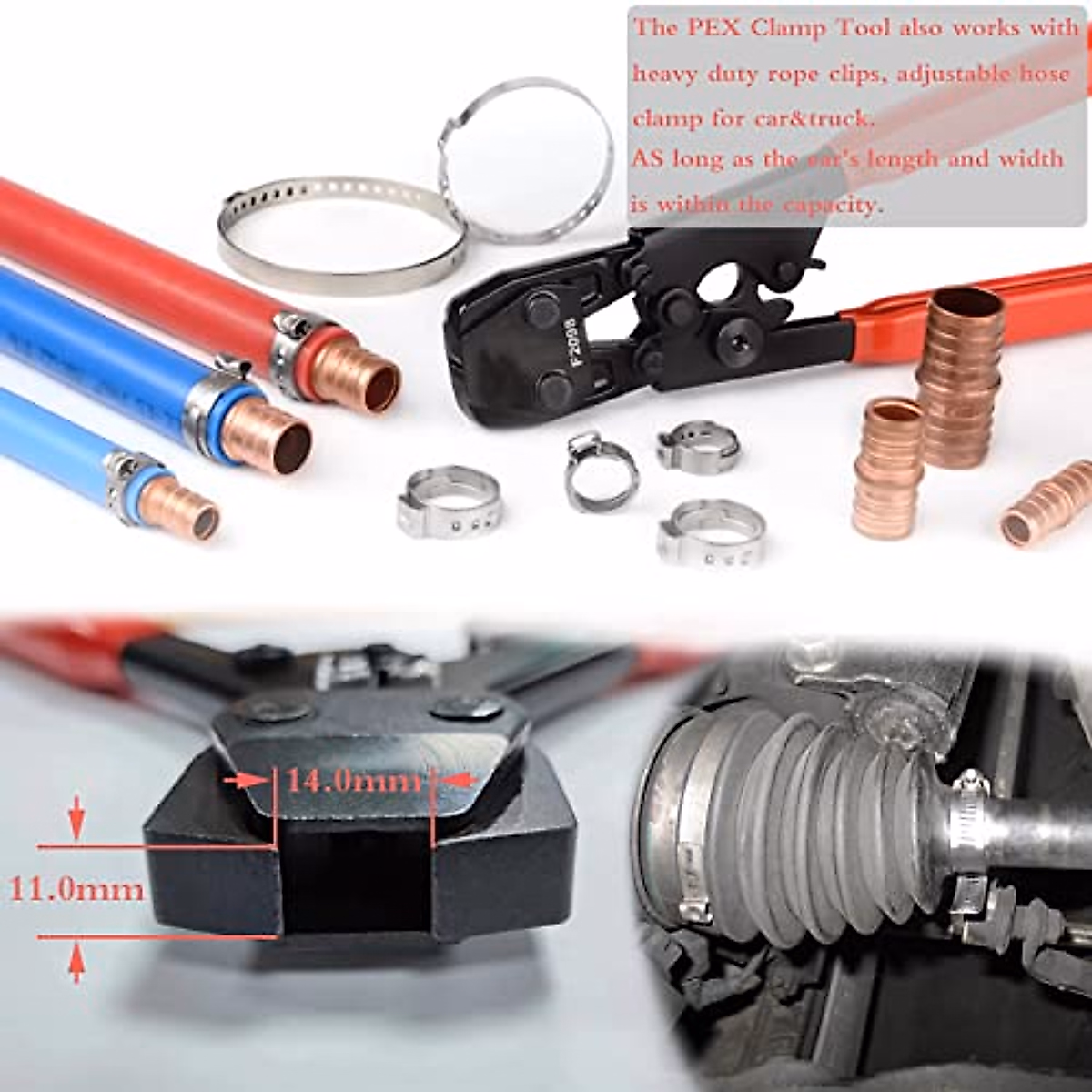 PEX Clamp Tool Ratcheting PEX Cinch Tool Pex Crimping Tool Meets ASTM 2098 and Will Work With Stainless Steel Clamps of sizes 3/8"~1" (with 20 PCS 1/2" + 10PCS 3/4" PEX Clamps & PEX Cutter)