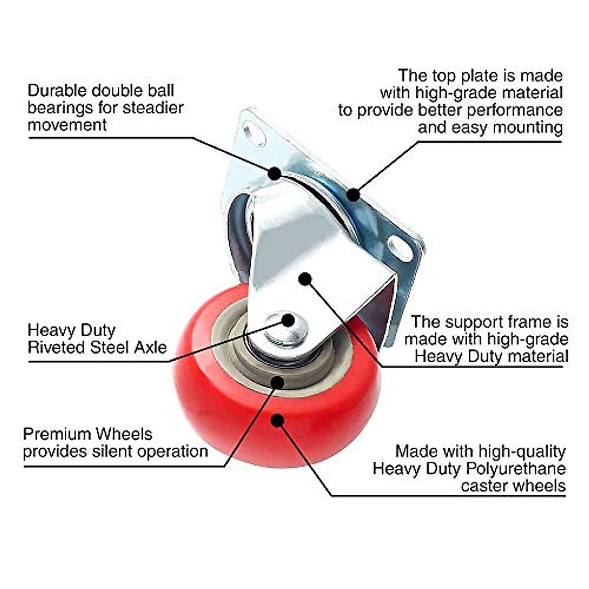 8 Pack 3 Inch Combo Caster Swivel Plate 4 w/Brake & 4 Plate Heavy Duty on Red PU Wheels with Heavy Duty Screws