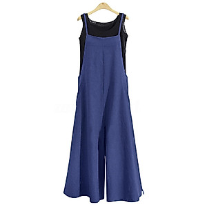 YESNO Women Casual Loose Long Bib Pants Wide Leg Jumpsuits Baggy Cotton Rompers Overalls with Pockets (M PZZTYP2 Navy Blue)