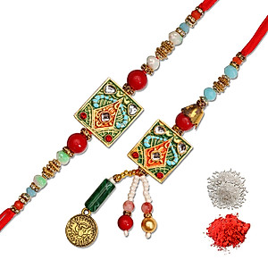 IndoTribe, Rakhi For Brother with Gift Set - Set of 2, Rakhi For Brother with Card, Roli Chawal | Rakhi for Brother and Bhabhi | Lumba Rakhi For Brother | Bhaiya Bhabhi Rakhi | Raksha Bandhan Rakhi