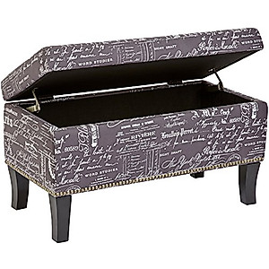 FIRST HILL FHW Endora Rectangular Fabric Storage Ottoman with Script-Style Pattern - Storm Grey