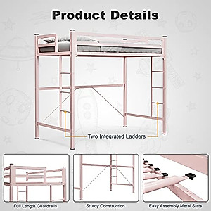 IKIFLY Metal Twin Size Loft Bed Frame - Heavy Duty Princess Cute Loft Beds with 2 Ladders & Safety Guard Rail, Space-Saving, Noise Free, No Box Spring Needed - Pink