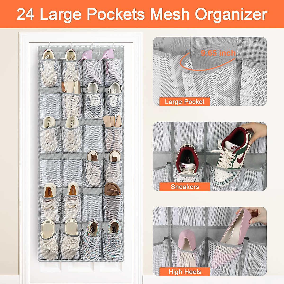 FENTEC 24 Pockets Over the Door Shoe Organizer Hanging Shoe Organizer for Closet, Space Saving Mesh Large Pocket Shoe Storage and Organizer, Shoe Holder for Apartments Garages, Grey 1 Pack