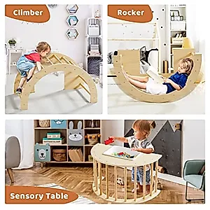 Beright 5 in1 Climbing Arch Sensory Table for Kids, Montessori Climbing Gym, Rocker Board Wooden Toy with Collapsible Storage Bin, Learning Playset