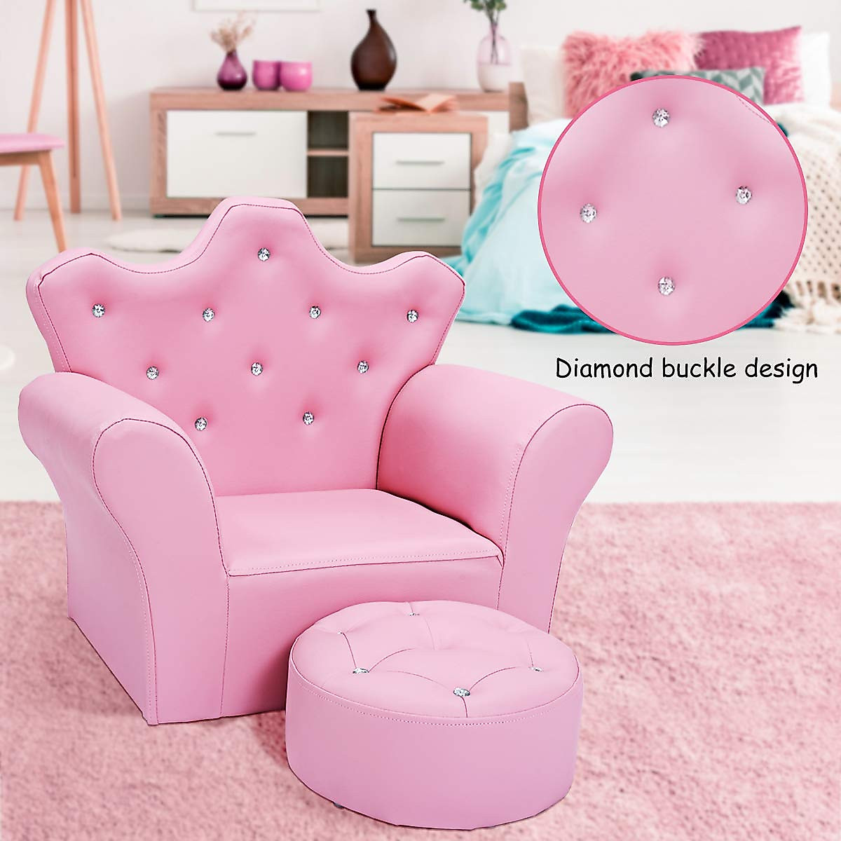 Costzon Kids Sofa, Children Upholstered Sofa with Ottoman, Princess Sofa with Diamond Decoration, Smooth PVC Leather Toddler Chair, Kids Couch for Boys and Girls, Gift for Toddlers (Pink)