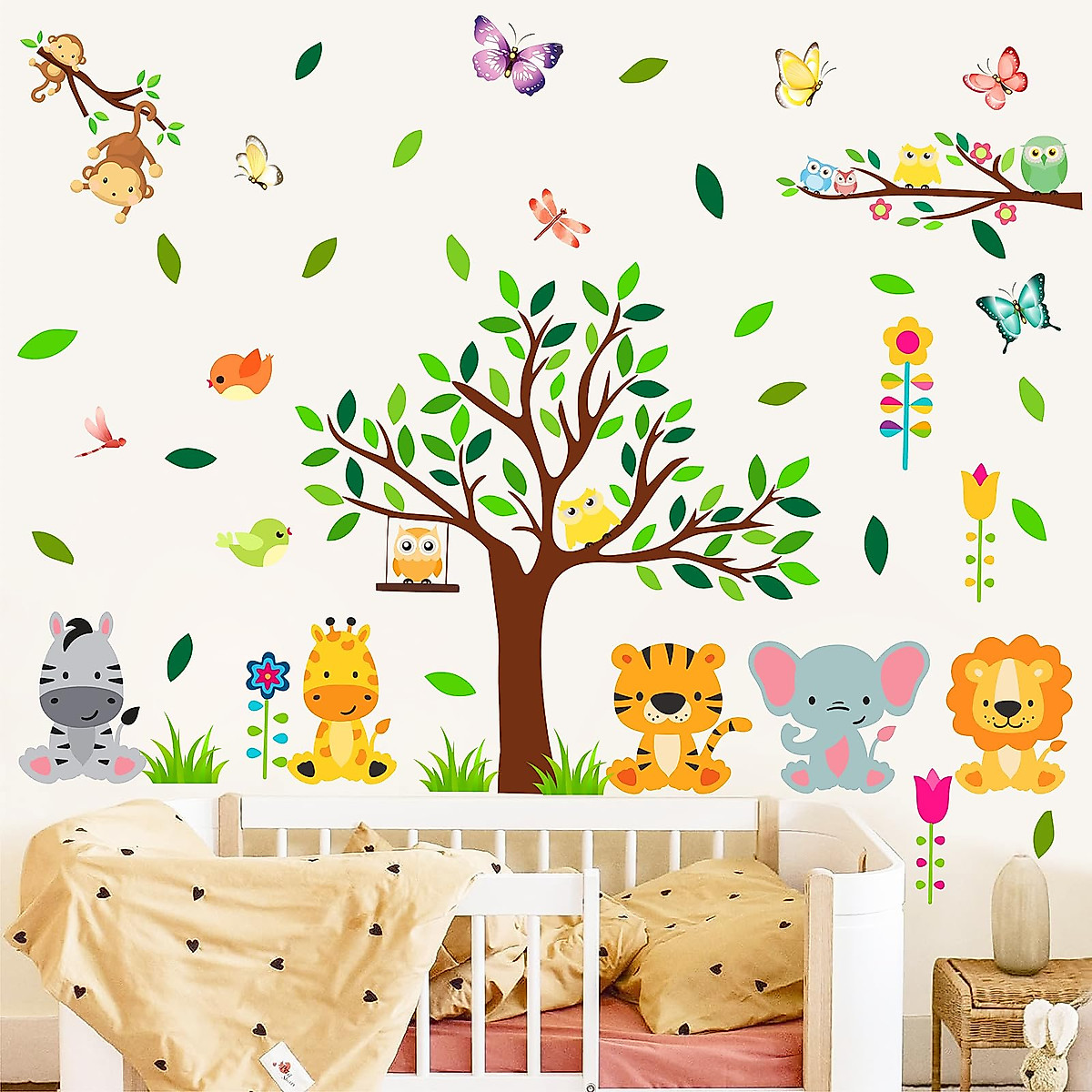 Cartoon Animal Wall Stickers Forest Tree Animal Wall Stickers Jungle Animal Wall Decals Woodland Animal Wall Decals Cute Zoo Animal Wall Stickers for Kids Room Playroom Nursery Decor