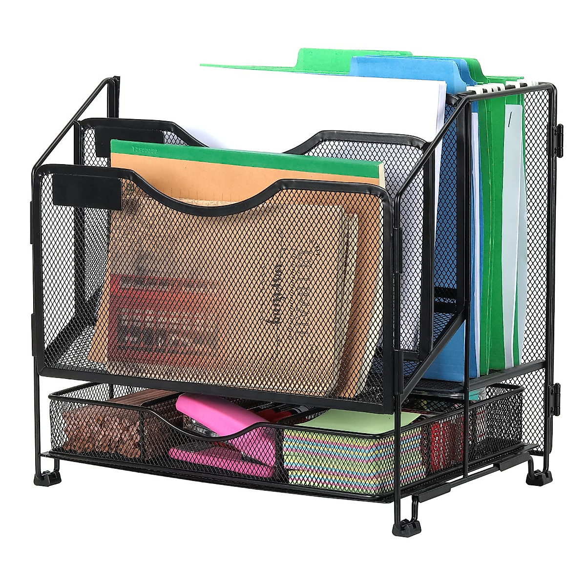 EasyPAG Mesh Desk File Organizer Office Supplies 2 Upright Desktop Filing Holder with Folder Hanging Rack and Sliding Drawer Organizer,Black