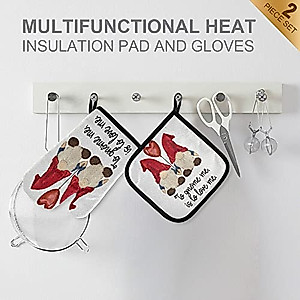 Valentine Quote Gnomes Oven Mitts Pot Holder Sets 2pcs Red Love Heart Non-Slip Kitchen Heat Resistant Hot Pads for Women Cooking Gloves Baking Wear BBQ