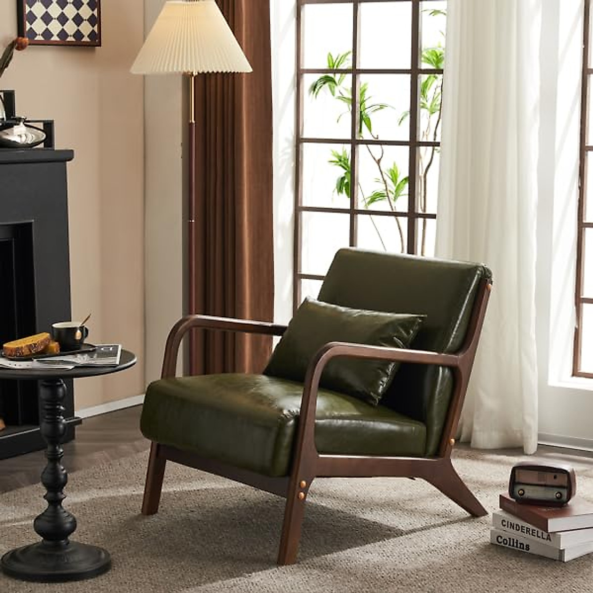 Flulep 80 * 65 * 73cm Single Seat B Style Backrest Without Buckle with Pillow PU Walnut Oak Armrests Indoor Leisure Chair Dark Green