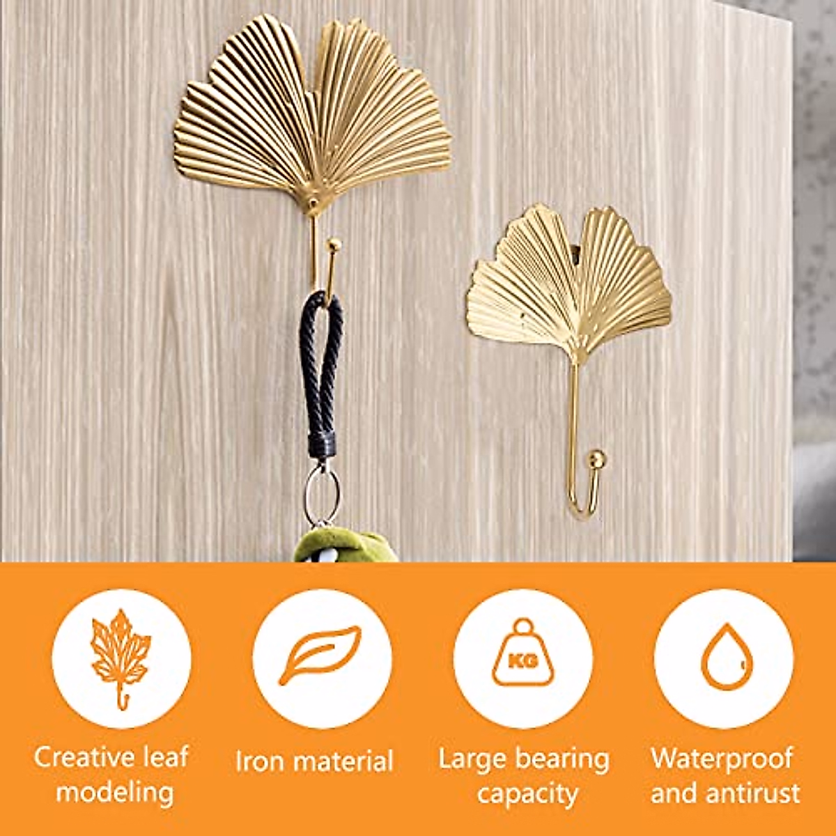 MOROBOR Decorative Leaves Iron Hooks,4pcs Ginkgo Leaf Shape Wall Mounted Hooks Modern Key Holder Wall Mounted Gold Single Prong Coat Hanger Home Office Nursery Room Decoration