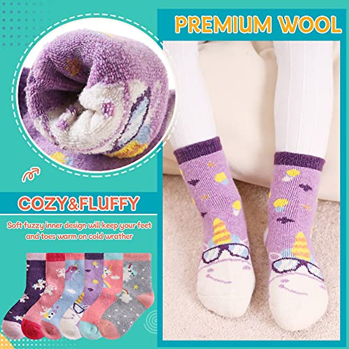 Velice Kids Merino Wool Hiking Socks Toddler Boys Girls Winter Warm Thermal Thick Cushion Crew Boot Socks 6 Pairs (Unicorn C, 1-3T)