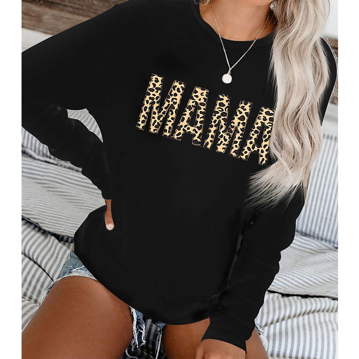 EGELEXY Mama Sweatshirts Women Embroidery Mom Life Blouse Mama Crewneck Pullover Long Sleeve Tops Black