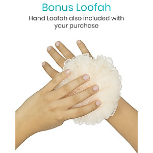 Vive 17” Shower Loofah with Long Handle - Exfoliating Back & Body Scrubber for Men & Women - Luffa Sponge on a Stick for Bathing, Cleaning - Includes Extra Handheld Lufa, Hook & String to Hang on Wall