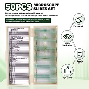 50 Microscope Slides and 100 Covers Set - 30 Prepared Microscope Slides with Specimens, 20 Blank Microscope Slides and 100 Microscope Coverslips - Microscope Slides for Kids Students Homeschool Use
