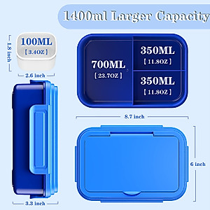 JSCARES Bento Box, Blue, 1400ML Capacity, Leak-Proof, Portable, Safe, Microwave, Freezer, Dishwasher