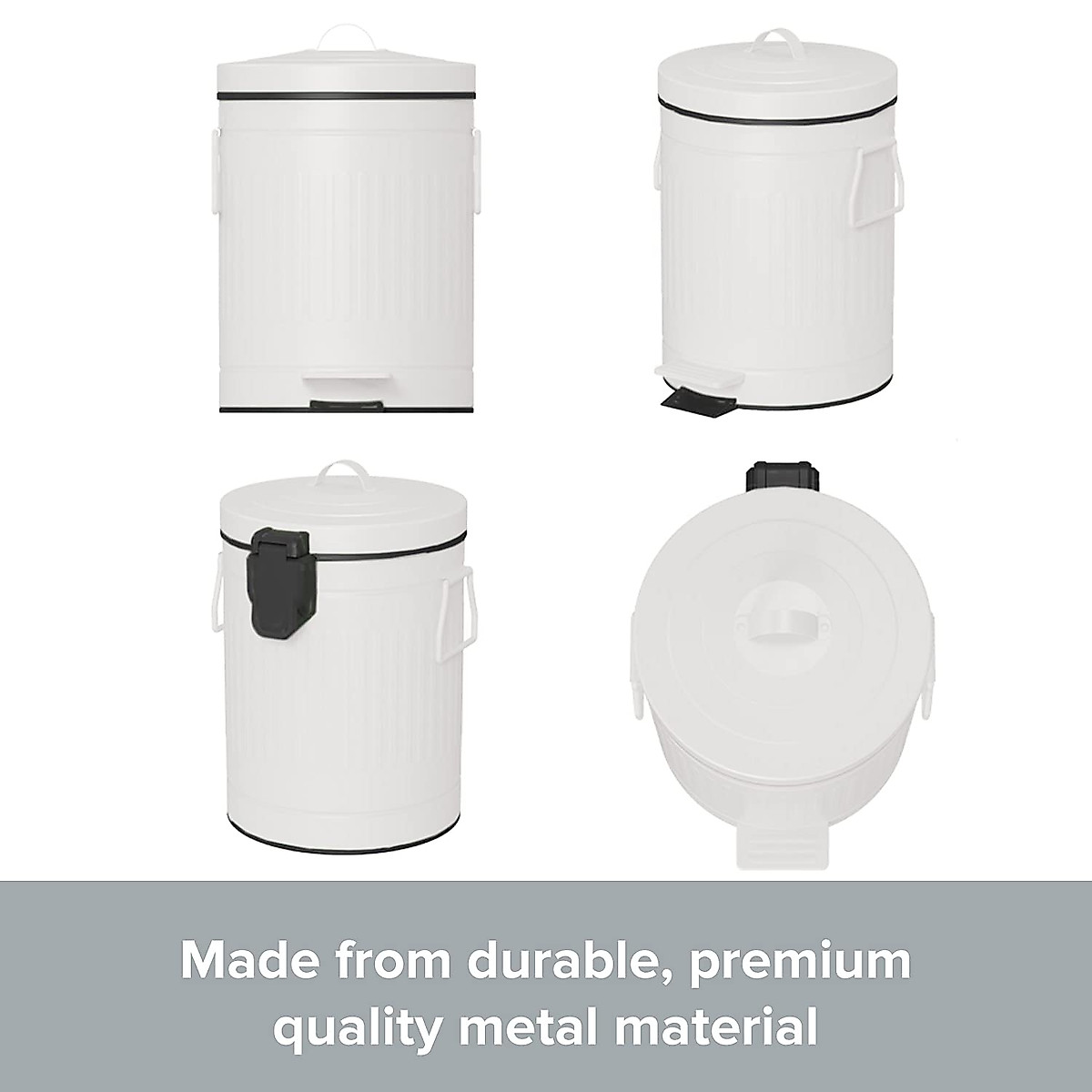 Retro Trash Can with Lid - 8L/2.1Gal Step Trash Can w/ Soft Closing Lid - Round Garbage Can w/ Handles - Touchless Trash Can w/ Removable Garbage Guard Bucket - Outdoor Garbage Can - Large Trash Bin, White