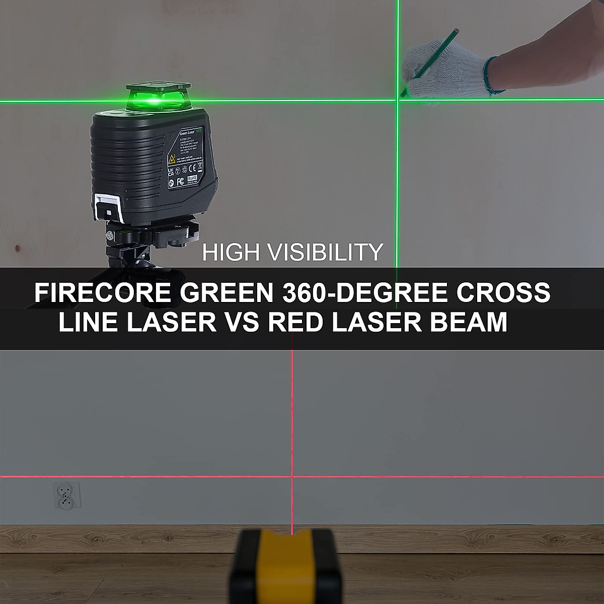 Laser Level, Firecore 360° Green Self Leveling Cross Line Laser Level with Horizontal and Vertical Lines for Picture Hanging Construction, Magnetic Bracket, 4AA Batteries&Carry Pouch Included - G30