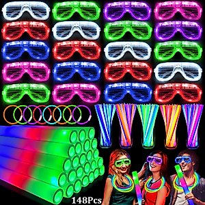148 PCS New Years Eve Glow in the Dark Party Supplies- 24 Pcs 16" Foam Glow Sticks, 24 Pcs LED Glasses, 100 Pcs Glow Sticks Necklaces Bracelets Light Up New Years Party Favors Wedding Birthday