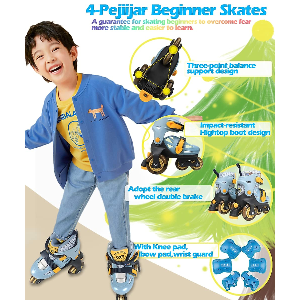 Kids Quad Roller Skate,Roller Skates for Girls Boys,with Adjustable Size&Double Brakes&Luminous Wheels&Protective Gear,3-Point Balance Roller Shoes for Beginners,for Indoor Outdoor