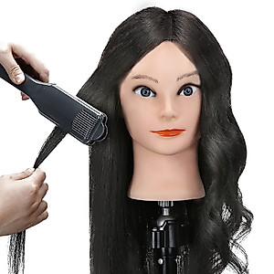 SILKY 100% Real Hair Mannequin Head with Stand, Hairdressers' Practice Training Head and Cosmotology Doll Head for Hairstyling and Braid - Natural Black