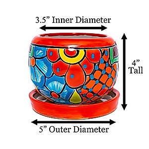 Enchanted Talavera Ceramic Succulent Pot Small Flower Planter Cactus Bonsai Pot W/Drainage Home Garden Office Desk Décor Gift (Small 4.5" x 4" with Saucer, Red)