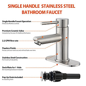 Brushed Nickel Bathroom Sink Faucets Single Hole Single Handle Stainless Steel Bathroom Faucet RV Faucet Deck Mount 1 Hole or 3 Holes with Pop-up Drains